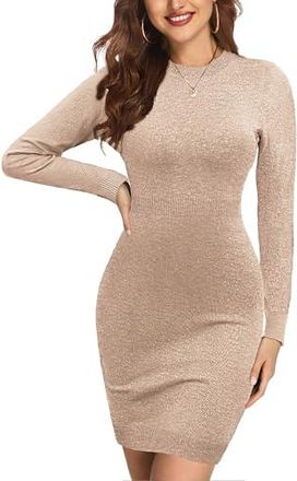 Zeagoo Robe Pull Femme Hiver Col Rond &Eacute;l&eacute;gant &agrave; Manches Longues pour Femmes D&eacute;contract&eacute;e Robe Pull Slim El&aacute;stique Robe Abricot XXL