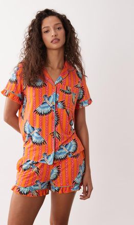 Chelsea Peers Ensemble en jersey imprim&eacute; oiseaux exotiques avec short bord&eacute; de volants et chemise &agrave; manches courtes et col &agrave; revers-Multicolore