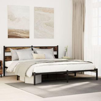 vidaXL Vidaxl - Cadre de lit en m&eacute;tal 180x200 cm - Ch&ecirc;ne fum&eacute; - Fer et bois ding&eacute;nierie - T&ecirc;te de lit avec rangement - Sommier &agrave; lattes inclus