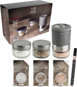 Peugeot Salzmühle, uSelect, 11 cm, hellgrau, inkl. 3 Salzsorten im Vorratsglas, Rezeptbuch & Stift zur Beschriftung