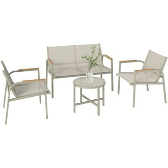 OUTSUNNY Salon de jardin - Outsunny - 4 pi&egrave;ces canap&eacute; 2 places, 2 fauteuils et table basse en verre tremp&eacute; - textil&egrave;ne - vert