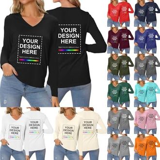 Generic T-shirt personnalis&eacute; pour femme - T-shirts imprim&eacute;s sur le devant et le dos - T-shirt &agrave; manches longues pour femme - Col en V - Impression personnalis
