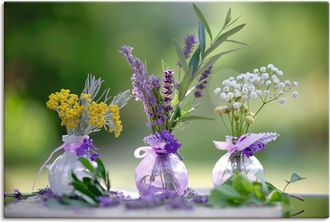 Artland Wanddeko Leinwand Bilder Wandbild 90x60 cm Sommer Glas Deko Arrangement Stillleben Blumen Kräuter Lavendel U4YO