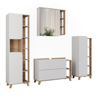 Vicco Badm&ouml;bel-Set Sonoma/Wei&szlig; Karen, bestehend aus Badspiegelschrank, Waschbeckenunterschrank, Midischrank, Hochschrank - Offene und geschlossene F&auml;cher f&uuml;