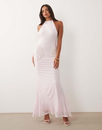 Asos Robe longue en tulle orn&eacute;e de perles avec coquillages incrust&eacute;s - Rose