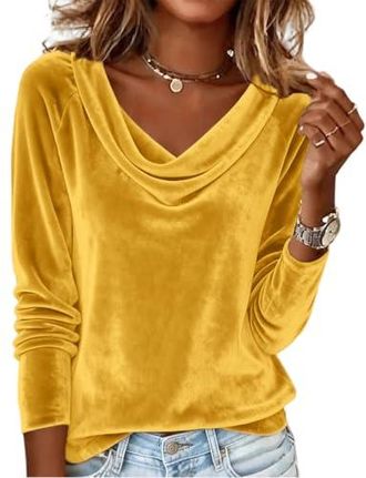 Minetom Haut &Agrave; Manches Longues en Velours pour Femmes Sexy Col B&eacute;nitier Tops T-Shirt Chemisier &Eacute;l&eacute;gant Pullover Blouse Mode D&eacute;contract&eacute; A Jaune XXL