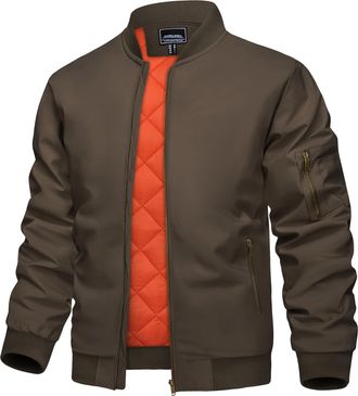 KEFITEVD Übergangsjacke Herren Stehkragen Wattiert Polyester Herbstjacke mit Reißverschluss Military Jacke mit Innentasche Kaffee 2XL