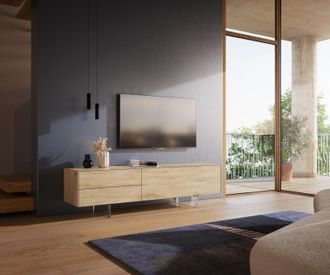 DELIFE Lowboard Cuor 180 cm Keramik Laminam Sabbia Eichefarbig 1 Klappe 2 Schubf&auml;cher Fu&szlig; Schwebeoptik Acrylglas, Lowboards