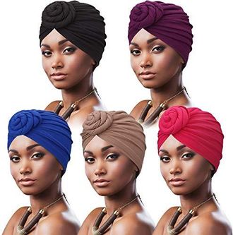 Dreshow 5 Pièces Turban Africain pour Femme Bonnet Pré-noué Bonnet Chimio Casquette de Perte de Cheveux Chapeau