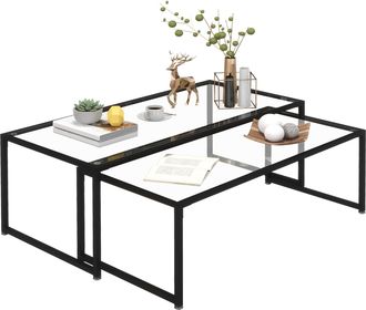 HOMCOM Couchtisch 2er-Set Stapelbar Beistelltisch, Rechteckig Kaffeetisch mit Tischplatte aus Glas, Satztisch, Wohnzimmertisch, Glastisch f&uuml;r Schlafzimmer, W