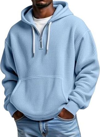 Generic Sweat à capuche en tricot gaufré à manches longues avec fermeture éclair 1/4 pour homme avec poche, bleu ciel, 5XL
