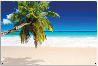 Wallario Outdoor-Poster für Garten oder Balkon Südseestrand in der Karibik mit Palme, Motivbanner Größe: ca. 60 x 90 cm, Outdoor-Bild