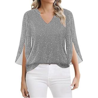 Generic Hauts scintillants pour femmes, manches 3/4, chemises &agrave; paillettes &agrave; col en V, &eacute;l&eacute;gantes, chemisiers &agrave; volants, pulls pour femmes, chemises pliss&eacute;es a