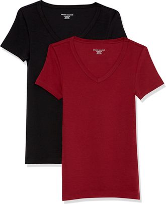 Amazon Essentials Damen Kurzärmeliges T-Shirt mit V-Ausschnitt, Schmale Passform, 2er-Pack, Schwarz/Burgunderrot, XXL