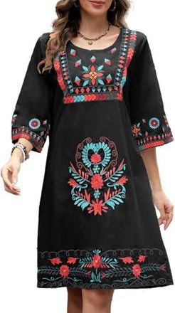JD Williams Robe bohémienne à manches 3/4 pour femme - Style folklore - Broderie florale - Col rond - Vintage - Robe décontractée pour femme, Noir (789), S
