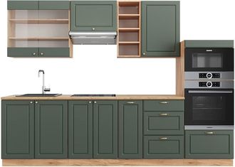 Vicco Küchenzeile Fame-Line, Grün-Gold Landhaus/Goldkraft Eiche, 280 cm ohne Arbeitsplatte