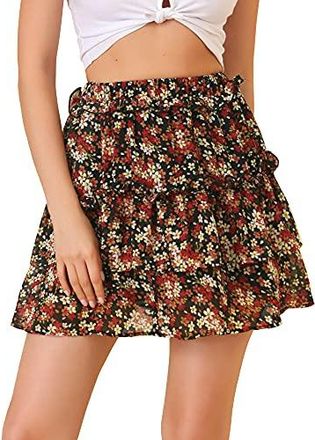 Allegra K Mini-Jupe Florale Patineuse trapèze à Ourlet à Volants superposés pour Femmes Noir XL