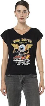 Von Dutch Tee Shirt Femme 100% Coton T Shirt Manches Courtes Femme, R&eacute;gular Col V, Noir Taille S