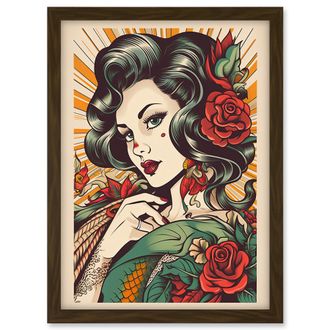Artery8 Tattoo Pin Up Girl Roses Rockabilly Americana 50s Artwork Framed A3 Wall Art Print