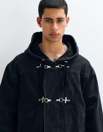 Liquor & Poker veste en jean coupe carr&eacute;e &agrave; capuche avec fermeture &agrave; agrafe noire