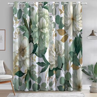 Generic Wei&szlig; 100% Blickdicht Vorhang F&uuml;r Schlafzimmer, Blumen Pfingstrose Eukalyptus Bl&auml;tter Bedruckt Thermisch Verdunklungsgardinen - H 160 x B 70 cm (2er Pa