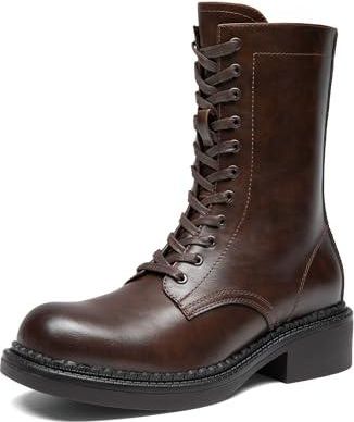 Dream Pairs Bottes Femme Mi-Mollet Bout Carré Fermeture Éclair avec Lacets Ajustables Confortables Bottes Mode pour Automne Hiver,Size 38.5,Brun,DWUMMB2523