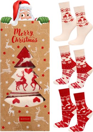 Soxo Weihnachts Socken f&uuml;r Damen Geschenk Socke in Geschenkbox Weihnachten 35-40 Beige 3 Paar