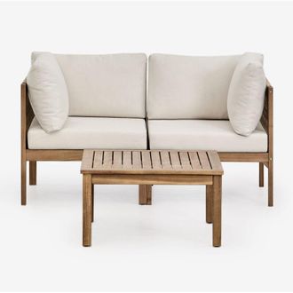 Sklum Wohnzimmerset mit 2-teiliger modularer Sofagarnitur mit Armlehnen und Couchtisch aus Akazienholz Branson Gardenia Wei&szlig; Akazie Braun