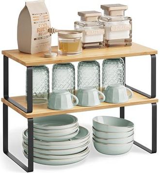 Songmics &Eacute;tag&egrave;re &agrave; &Eacute;pices, Lot de 2, Organisateur de Placard, &Eacute;tag&egrave;re de Rangement de Cuisine Extensible, Porte-&eacute;pices Empilable, en M&eacute;tal, Bois dIng&eacute;nierie, N