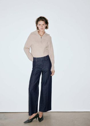 Mango Jean large taille haute &agrave; coutures bleu - Femme - 32 - MANGO