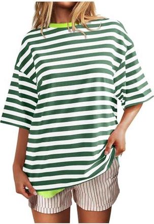 Generic T-shirt femme surdimensionn&eacute; ray&eacute; manches courtes bloc de couleur col rond basique d&eacute;contract&eacute; t-shirt d&eacute;t&eacute;, vert, XXL