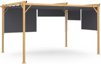 IDMarket Pergola &eacute;dition exclusive effet bois toit r&eacute;tractable 3x4M et 4 stores gris anthracite