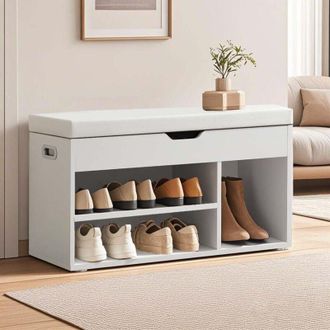 Vasagle Banc &agrave; Chaussures Rembourr&eacute;, 3 Compartiments, Capacit&eacute; de Charge 136 kg, Rangement Cach&eacute;, &Eacute;tag&egrave;res, pour Chambre, Salon, Entr&eacute;e, Blanc Nuage