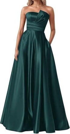 Generic Robe de bal longue sans bretelles en satin pour femme - Robe de soir&eacute;e formelle sans manches, paon, 58 Grande taille