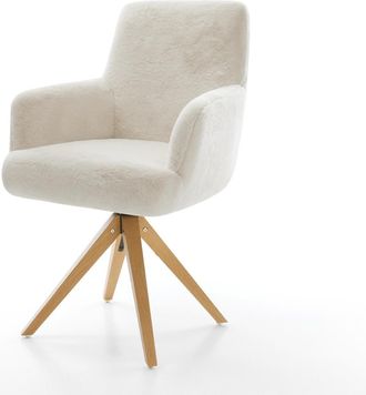 DELIFE Drehstuhl Heira-Flex mit Armlehnen Plüsch Creme-Weiß Holzgestell kantig Natur 180° drehbar Taschenfederkern, Esszimmerstühle