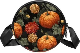 Generic Petit sac &agrave; bandouli&egrave;re rond pour femme, motif citrouilles et fleurs, sac &agrave; dos avec fermeture &eacute;clair, bretelles r&eacute;glables, sac &agrave; main rond d&eacute;contract