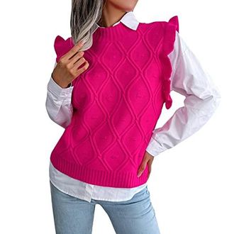 Generic Pull tricoté pour femme - Automne et hiver - Couleur unie - Col rond - Sans manches - Pour la vie quotidienne et lentraînement en intérieur, rose vif,