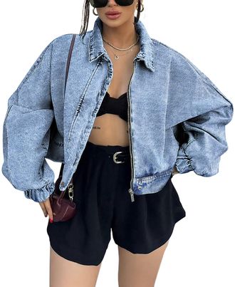 Fengbay Jeansjacke Damen Kurz Oversized Langarm &Uuml;bergangsjacke Casual Jeans Jacken