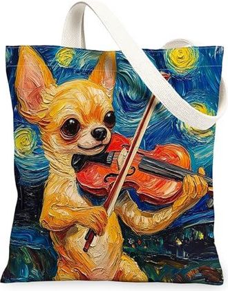 Generic Sac fourre-tout en toile pour chien chihuahua 33 x 38 cm, motif violon &eacute;toil&eacute;, sac d&eacute;picerie r&eacute;utilisable pour femme, animal de compagnie, chiot, pein