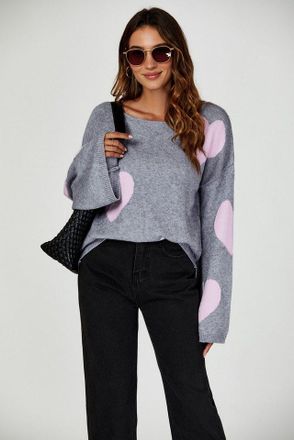 FS Collection Strickpullover Oversize Pullover mit weiten &Auml;rmeln und Herzmuster - Strickwaren (Einheitsgr&ouml;&szlig;e: UK 8-12 / EU 36-40, 3 Farben : Rosa - Hellgrau - Dunke
