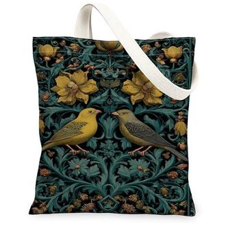 Generic Sac fourre-tout vintage en toile motif floral, oiseaux et fleurs, sacs r&eacute;utilisables, l&eacute;gers et lavables pour voyage, plage, noir, 13x15 Inch