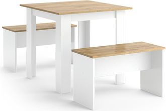 Vicco Esstisch Set Sentio, Weiß/Goldkraft Eiche, 80 x 80 cm mit 2 Bänken