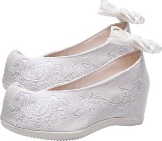 Beaupretty Chaussures Brod&eacute;es Ethniques Hanfu pour Femmes Ballerines Blanches en Coton Jacquard Taille 37 Chaussures de Mari&eacute;e Plates Respirantes Style Chinois T