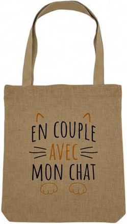 Fabulous Sac Shopping Tote Bag Aspect Lin - En Couple avec mon Chat Mignon Animaux Amour - Sac de Courses Toile Epaisse 360g Beige Naturel Cabas Port&eacute; Epaule S