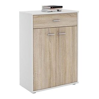 IDIMEX Buffet Calais, Commode Meuble de Rangement avec 1 tiroir et 2 Portes, en mélaminé Blanc Mat et décor chêne Sonoma