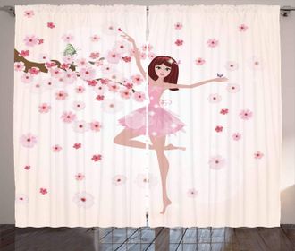Abakuhaus Ballett Rustikaler Gardine, Ballerina-Mädchen Sakura Baum, Schlafzimmer Kräuselband Vorhang mit Schlaufen und Haken, 280 x 245 cm, Pfirsich