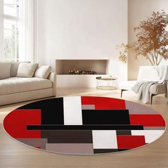 Generic Tapis Rond Motif g&eacute;om&eacute;trique Minimaliste Rouge et Noir Tapis de Chambre 150 cm (Round) Adulte Doux Machine pour Salon Antid&eacute;rapant Imprim&eacute; pour Salle 