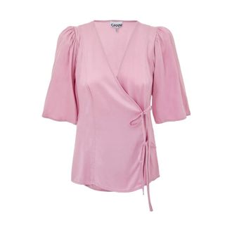 Ganni Femme, Blouses et Chemises, Rose, Taille: 38 FR Top en satin avec fermeture crois&eacute;e