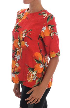 Dolce & Gabbana Womens Orange Print Crystal-Embellished Blouse Cotton