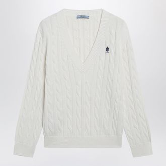 Prada Wei&szlig;er Pullover mit V-Ausschnitt und Zopfmuster